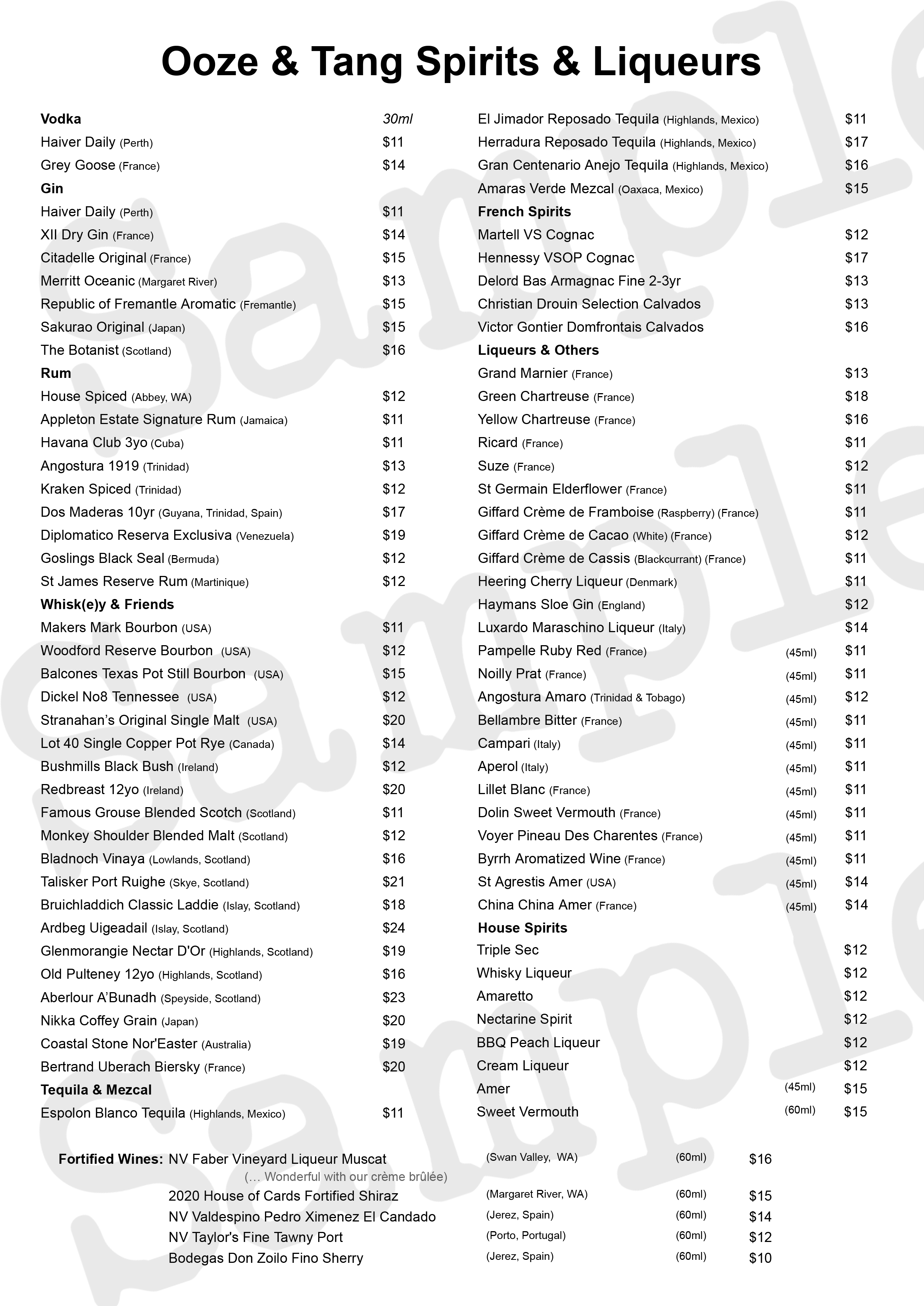 Menu at Ooze and Tang — Ooze and Tang