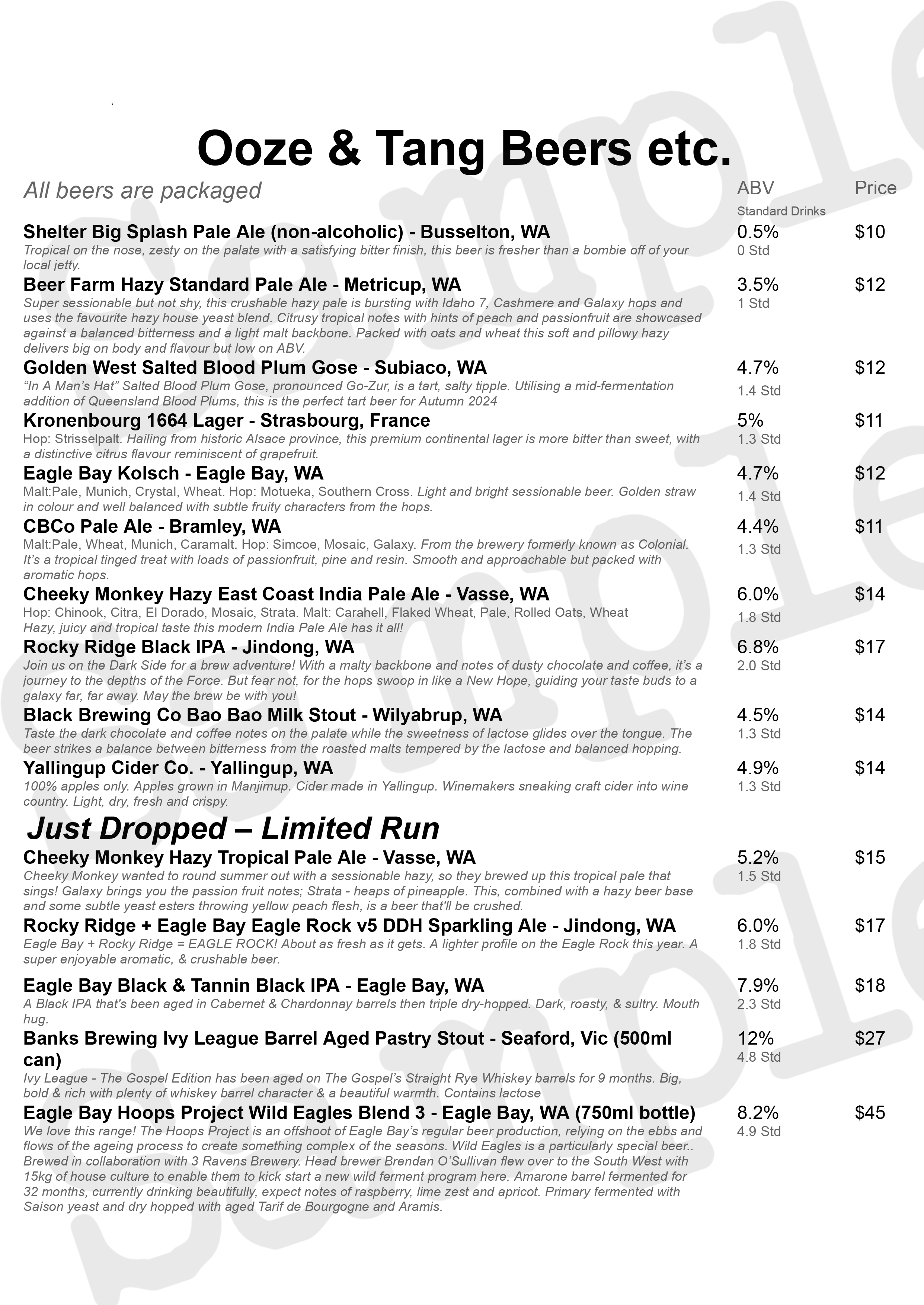 Menu at Ooze and Tang — Ooze and Tang