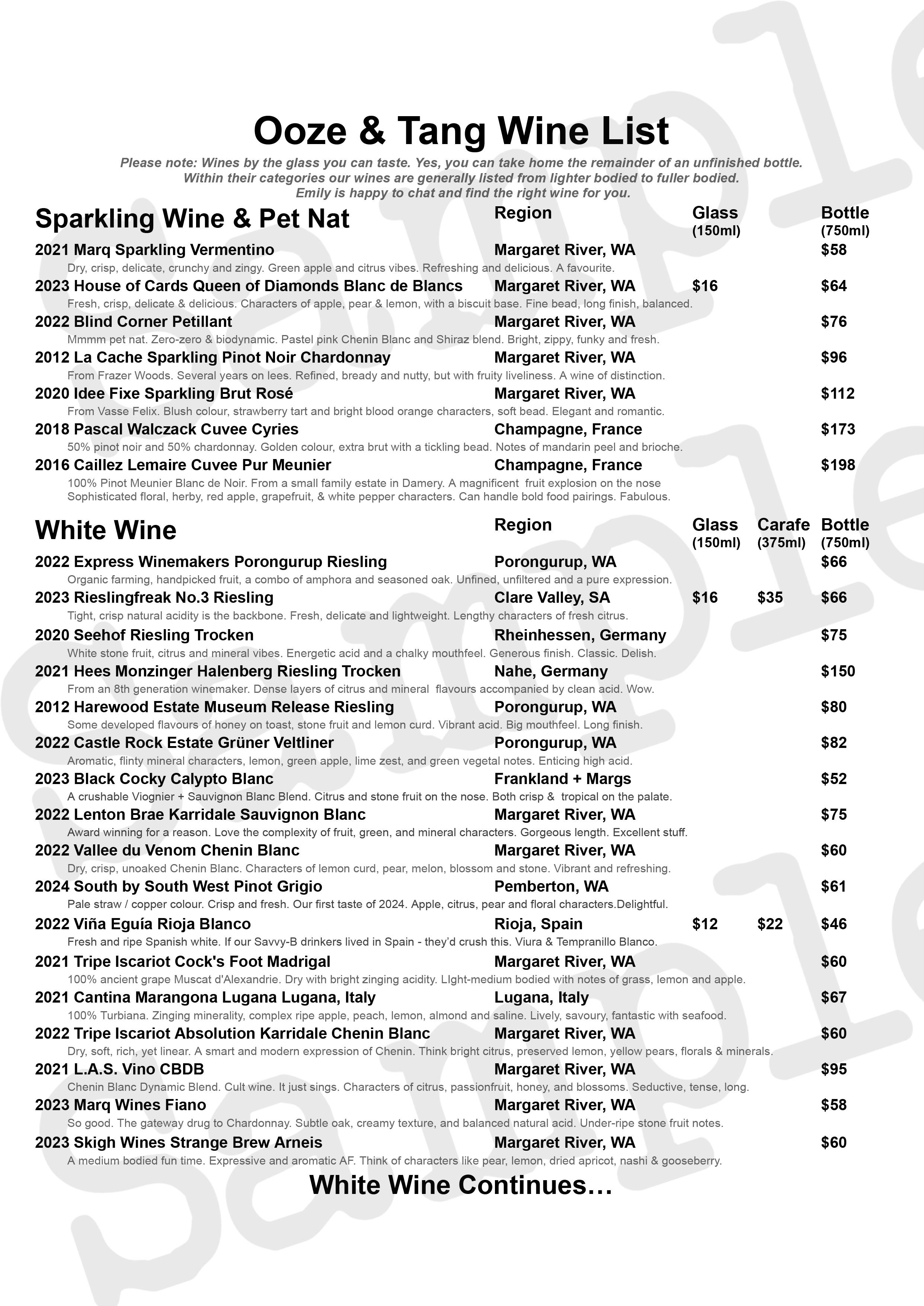 Menu at Ooze and Tang — Ooze and Tang