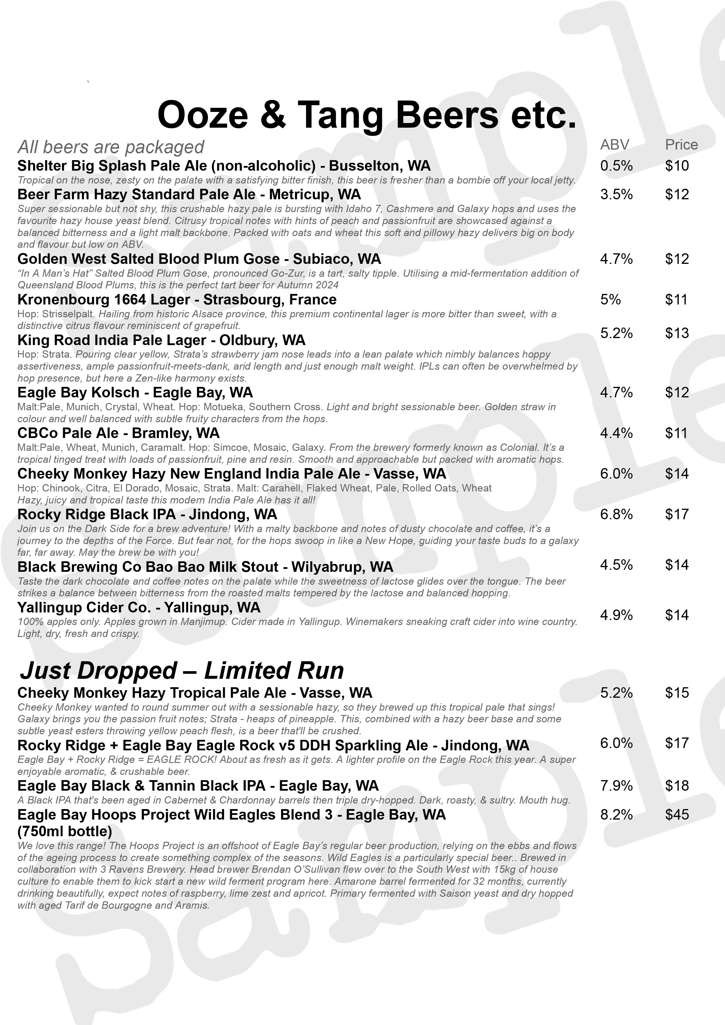 Menu at Ooze and Tang — Ooze and Tang