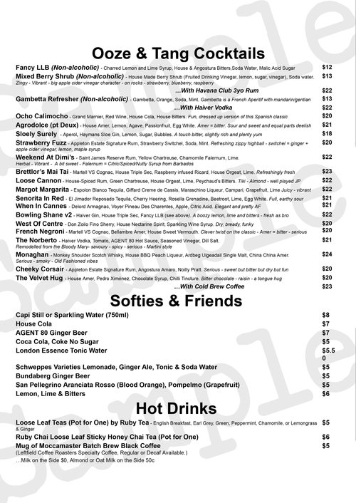 Menu at Ooze and Tang — Ooze and Tang