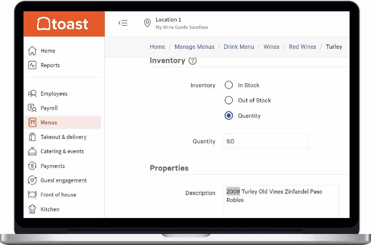 Toast POS Integration — My Wine Guide