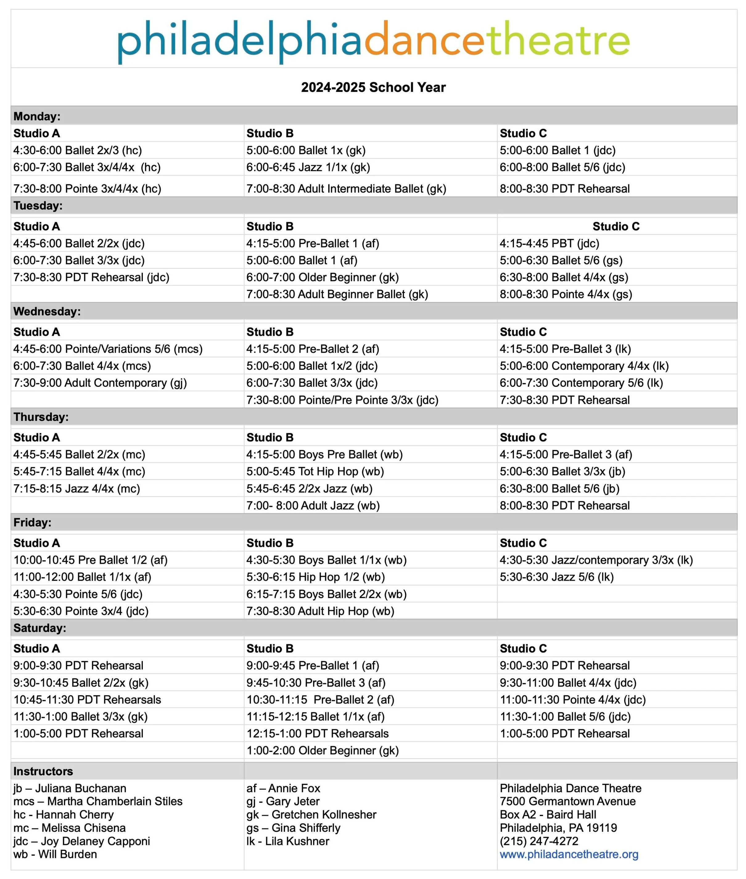 Class Schedule – Philadelphia Dance Theatre — Philadelphia Dance Theatre