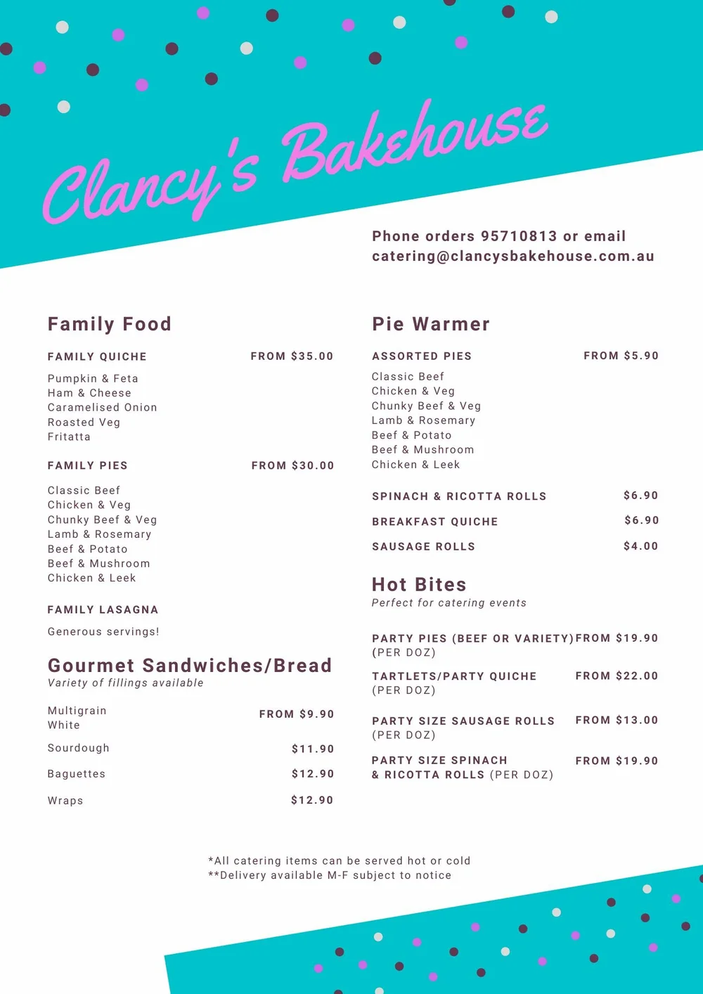 Menu — Clancy's Bakehouse