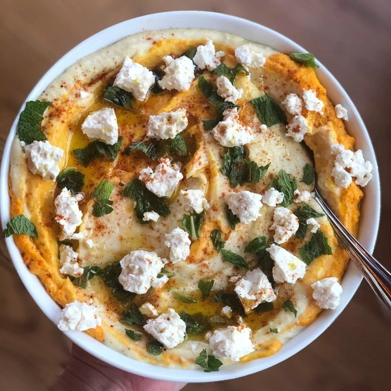 Parsnip + Carrot Hummus with Feta, Mint and Harissa — Kendall Andronico