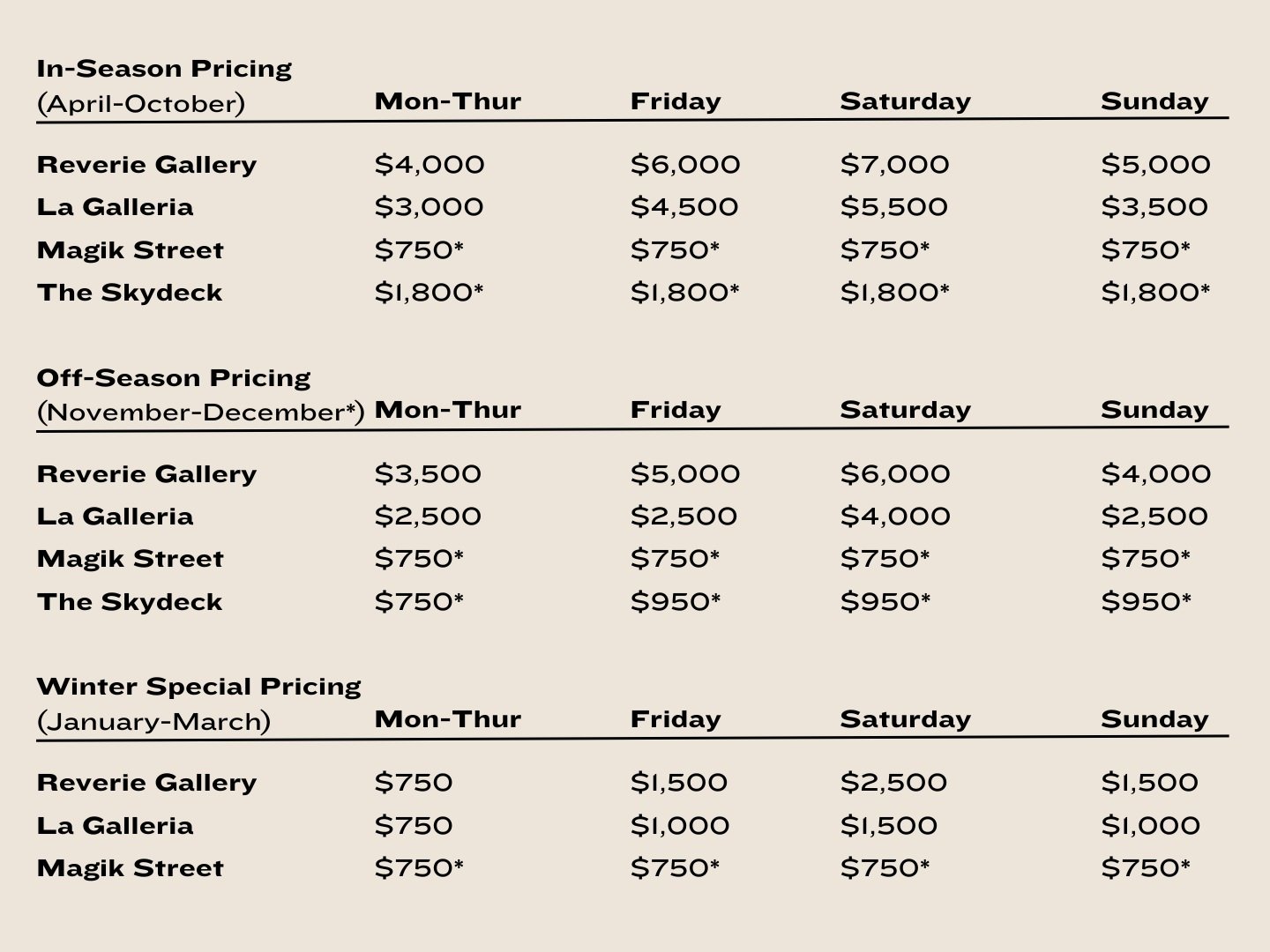 Pricing — Lacuna Events by LM