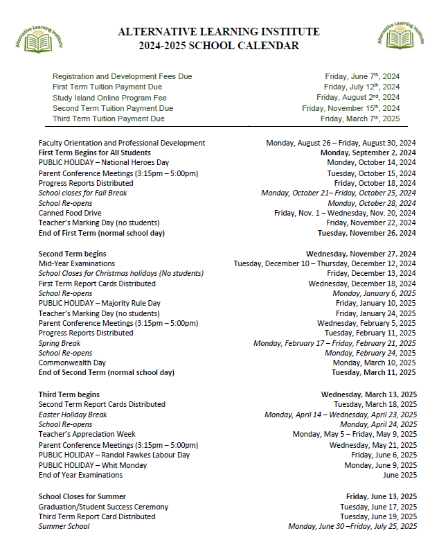 School Calendar — Alternative Learning Institute