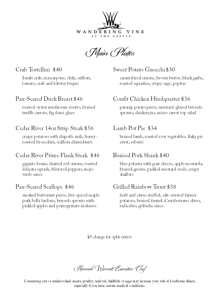 dinner menu — Wandering Vine