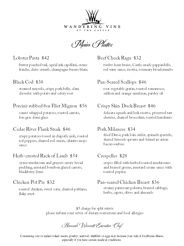 dinner menu — Wandering Vine