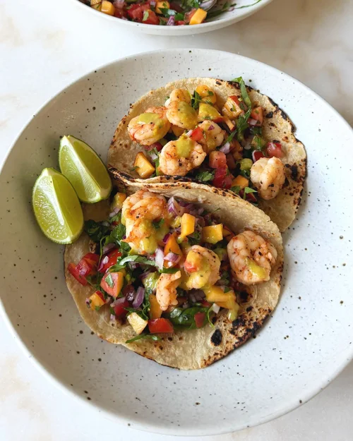 PEACH SALSA SHRIMP TACOS — Healthy Mood SF