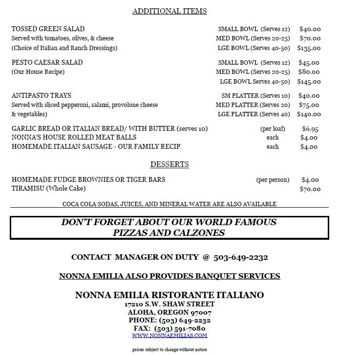 Catering & Large Party Menu - Nonna Emilia's
