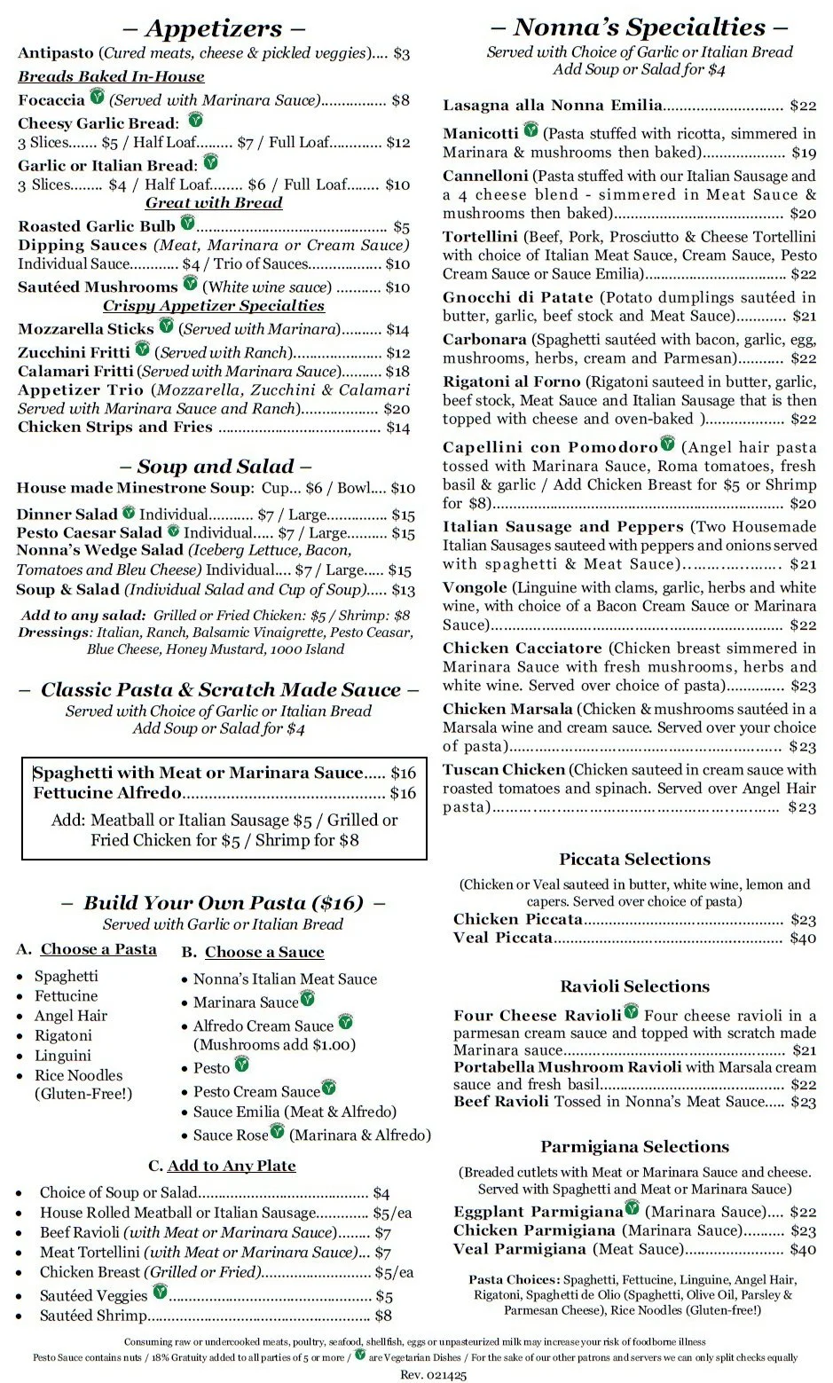 Nonna Emilia's Dining Room Menu - Nonna Emilia's