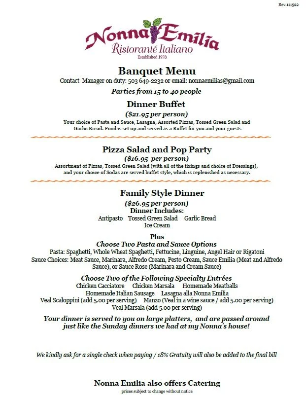 Banquet Menu - Nonna Emilia's