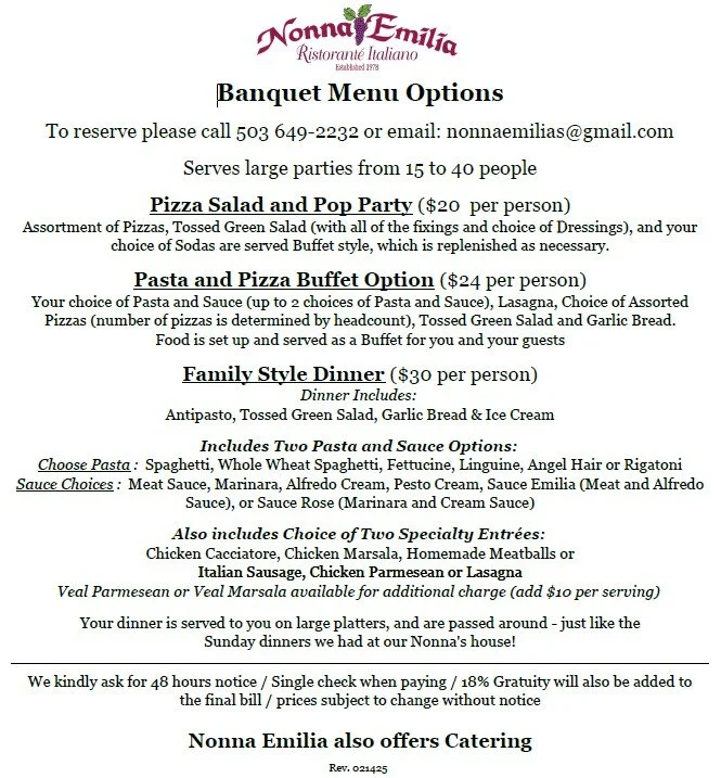 Banquet Menu - Nonna Emilia's