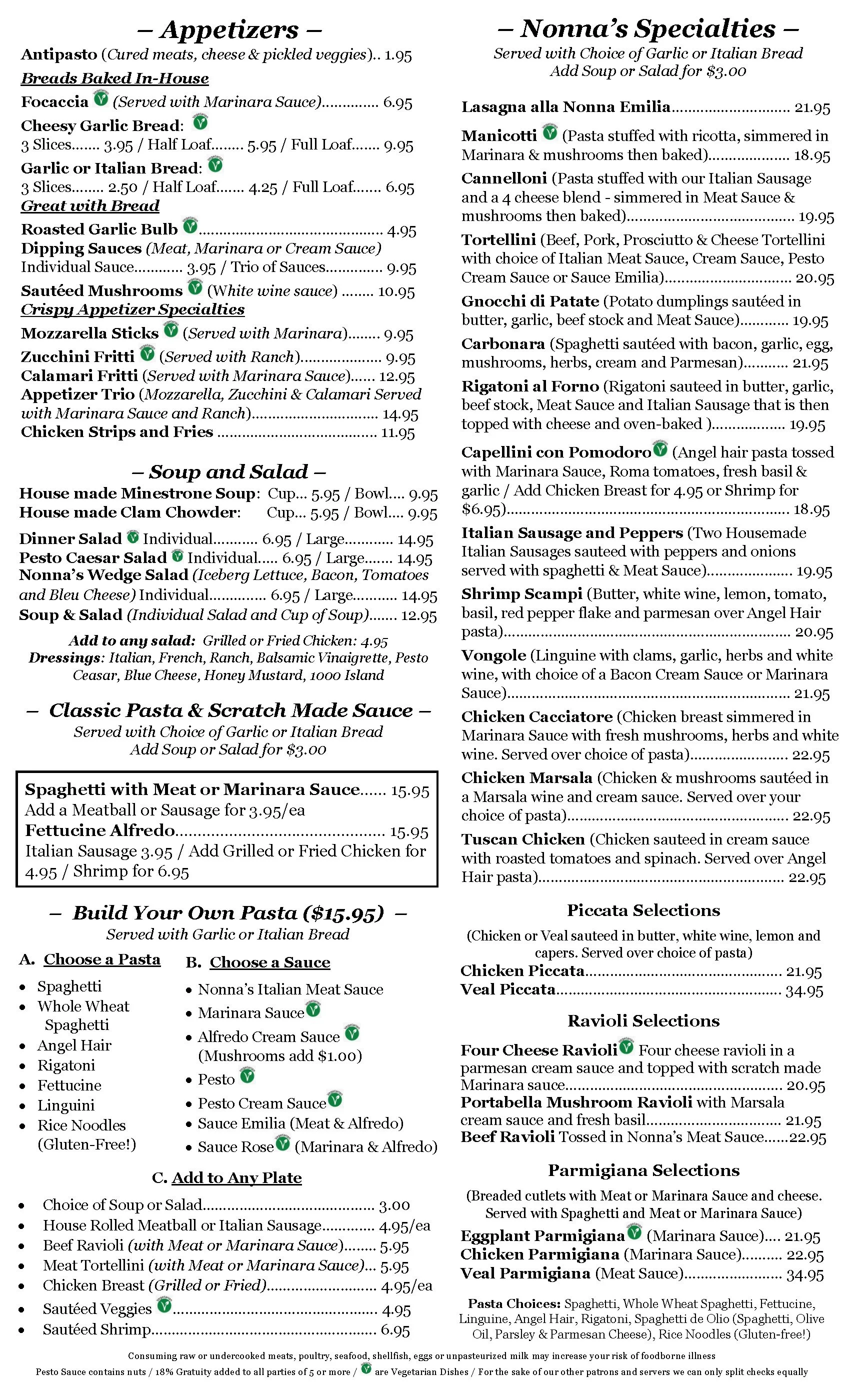 Nonna Emilia's Dining Room Menu - Nonna Emilia's