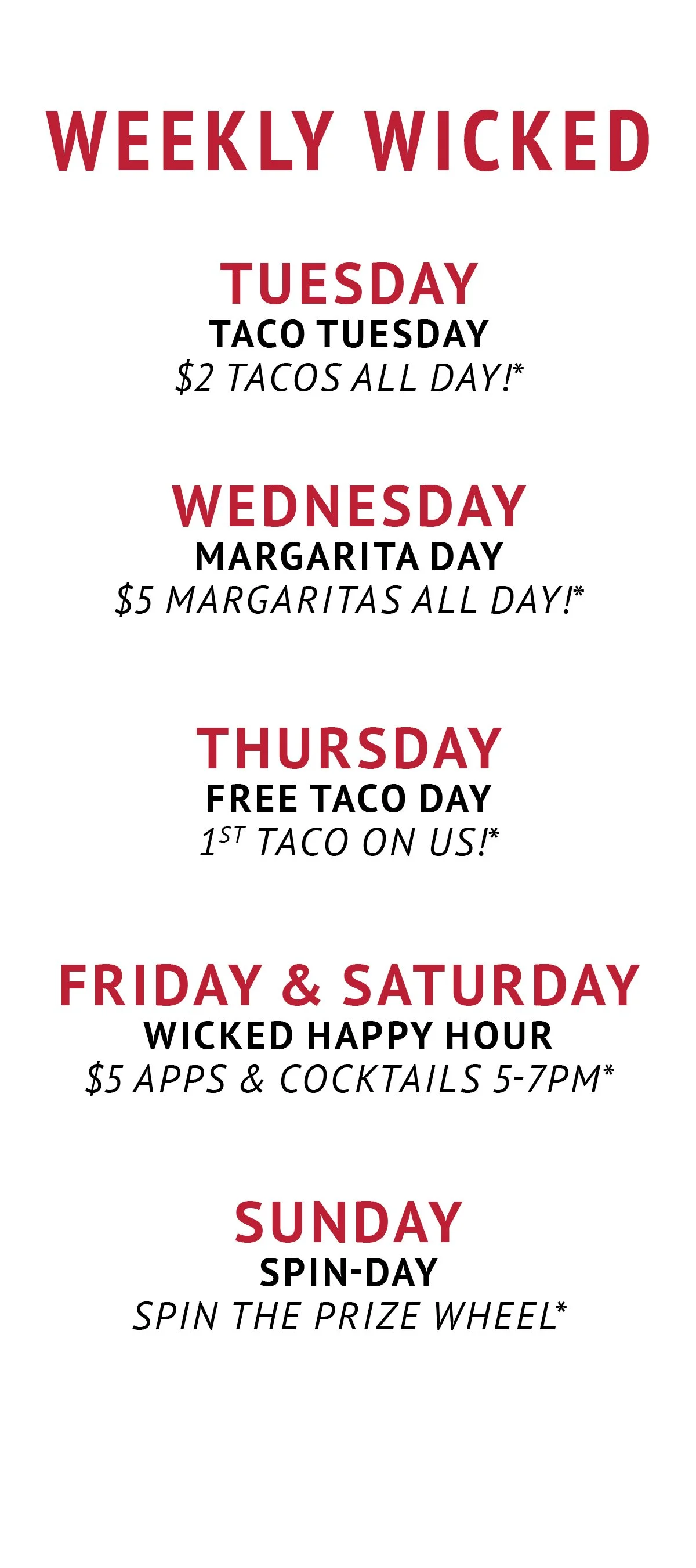 Weekly Specials! $2 Tacos, $5 Margaritas, Wicked Happy Hour — OZ