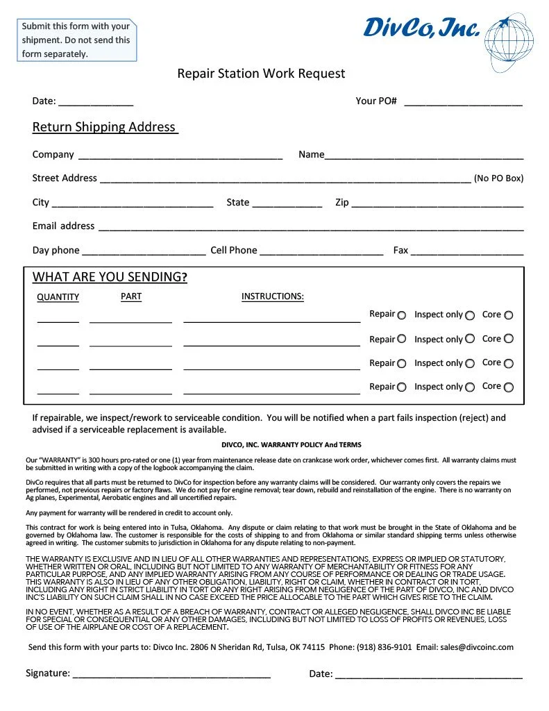Repair Station Work Request — DivCo, Inc. - FAA Certified Aircraft ...