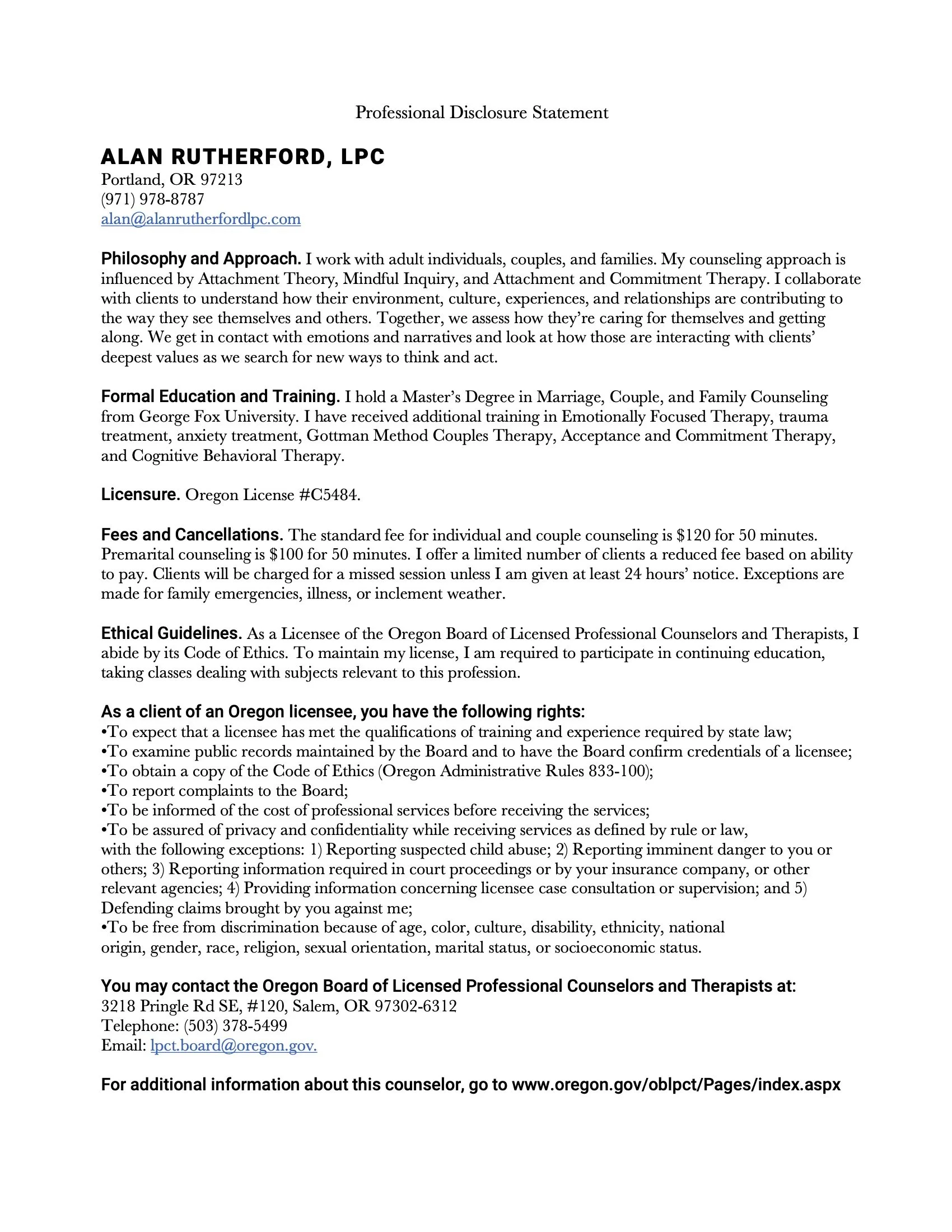 professional disclosure statement — Alan Rutherford, LPC