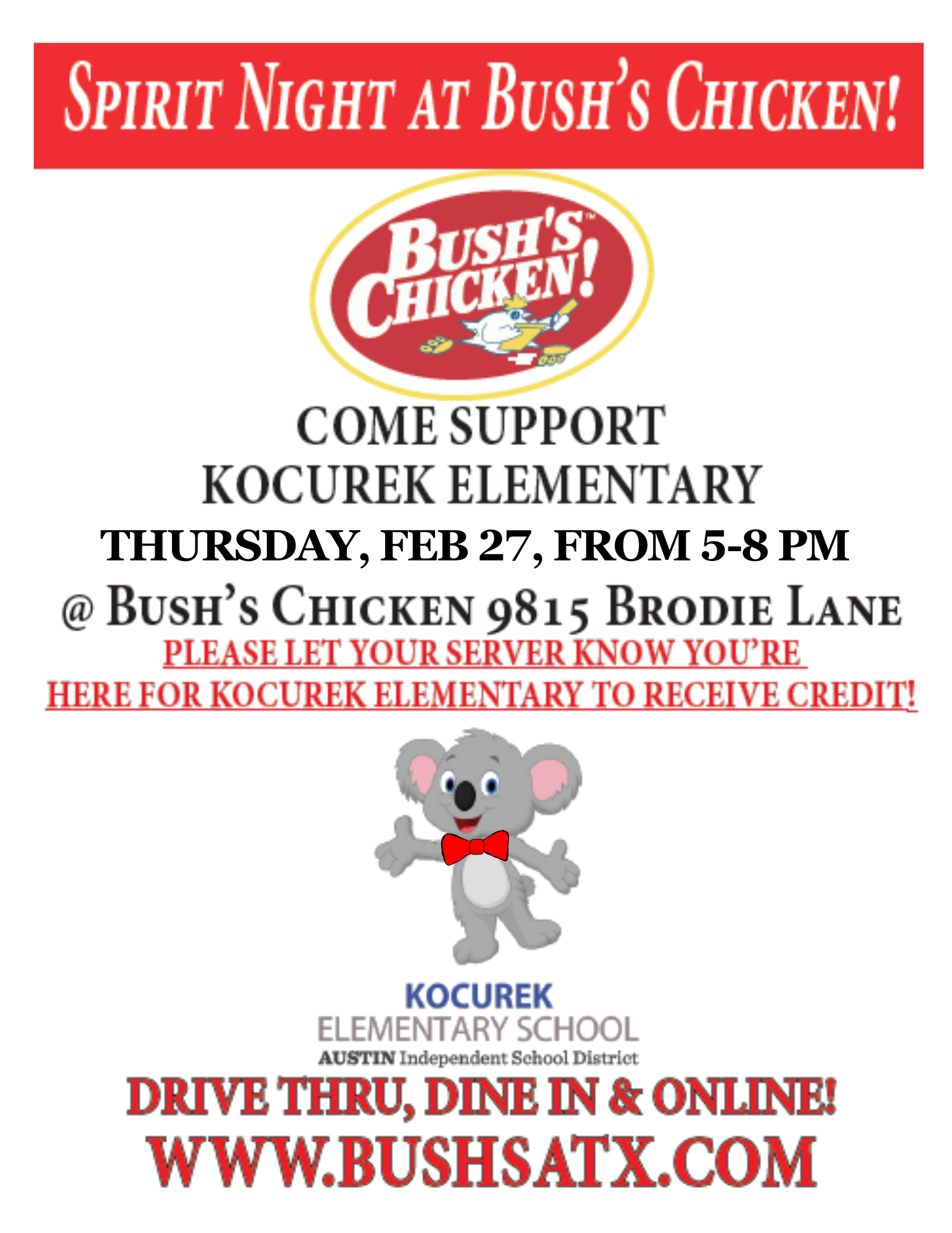 Bush's Chicken Spirit Night — Kocurek PTA