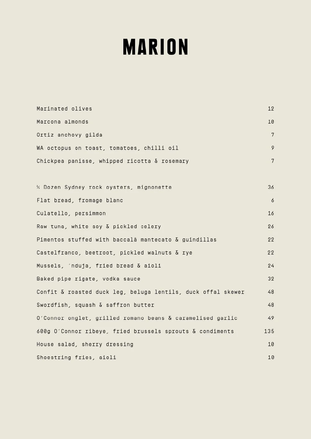 Menu | Marion Wine Bar