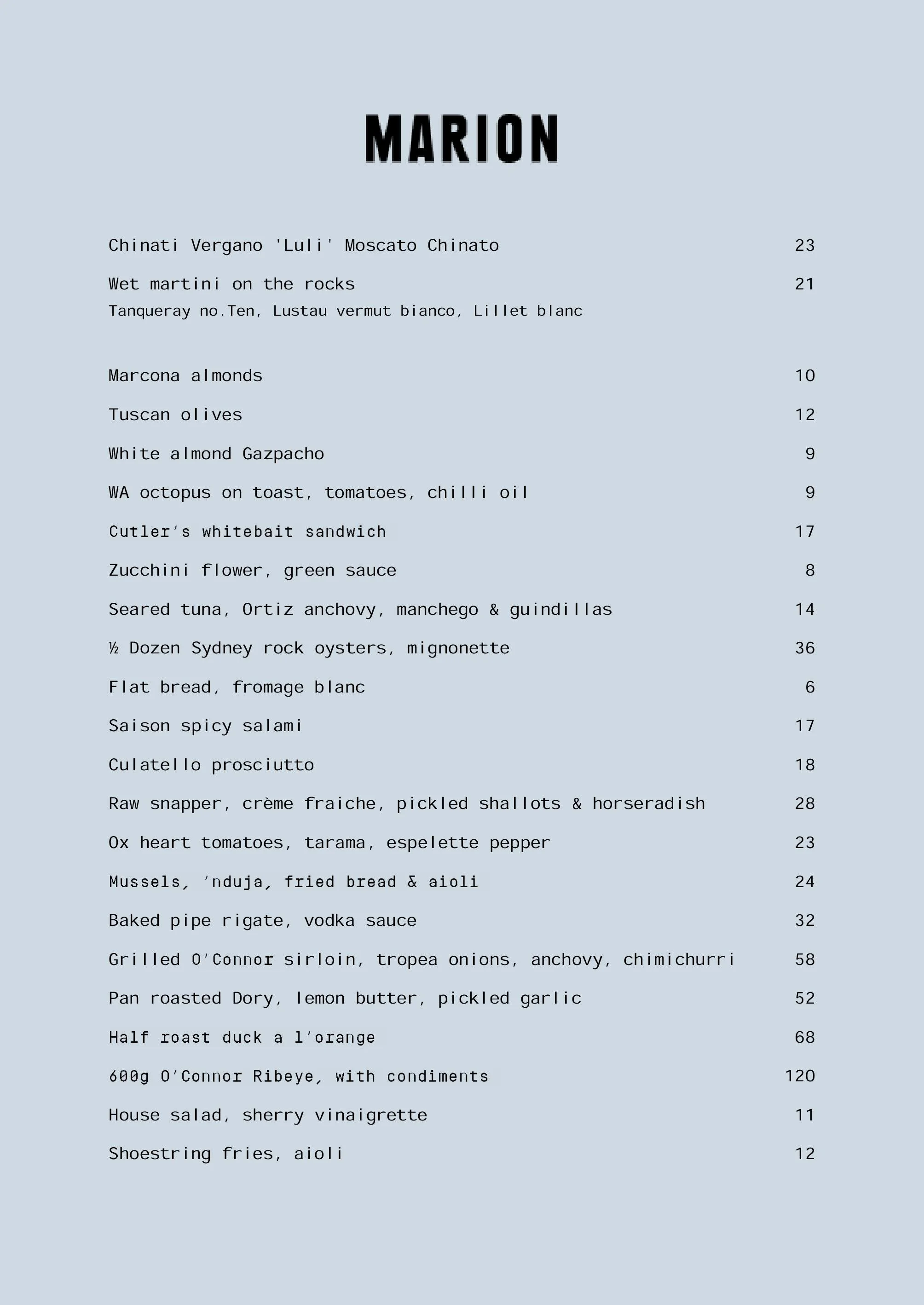 Menu | Marion Wine Bar