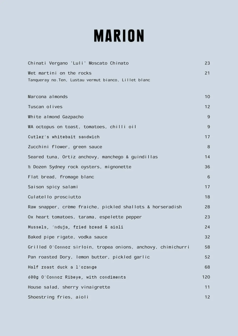 Menu | Marion Wine Bar