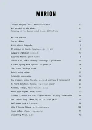 Menu | Marion Wine Bar