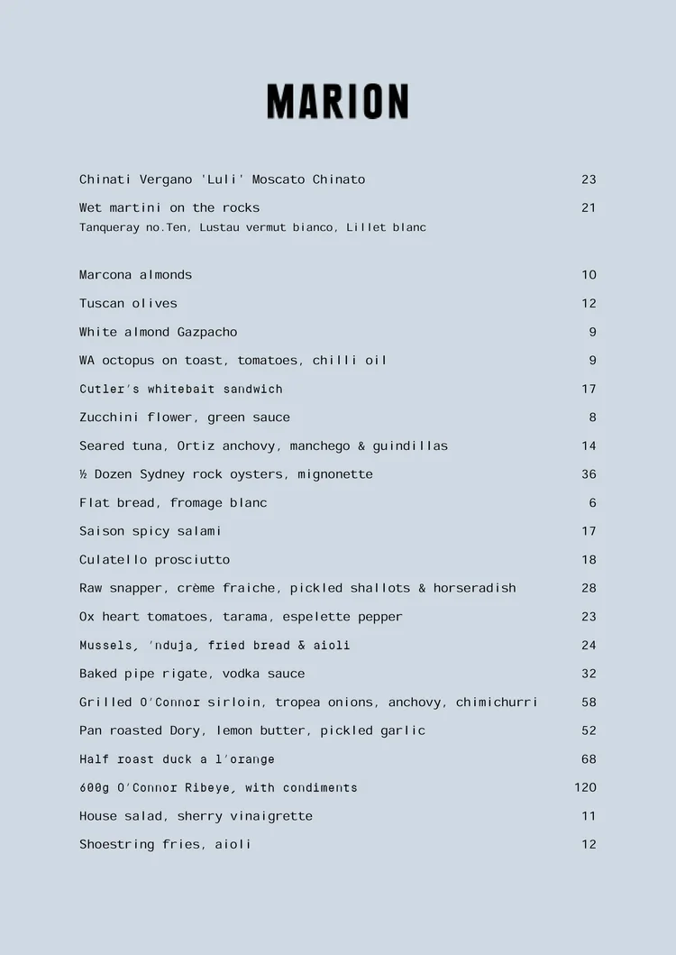 Menu | Marion Wine Bar