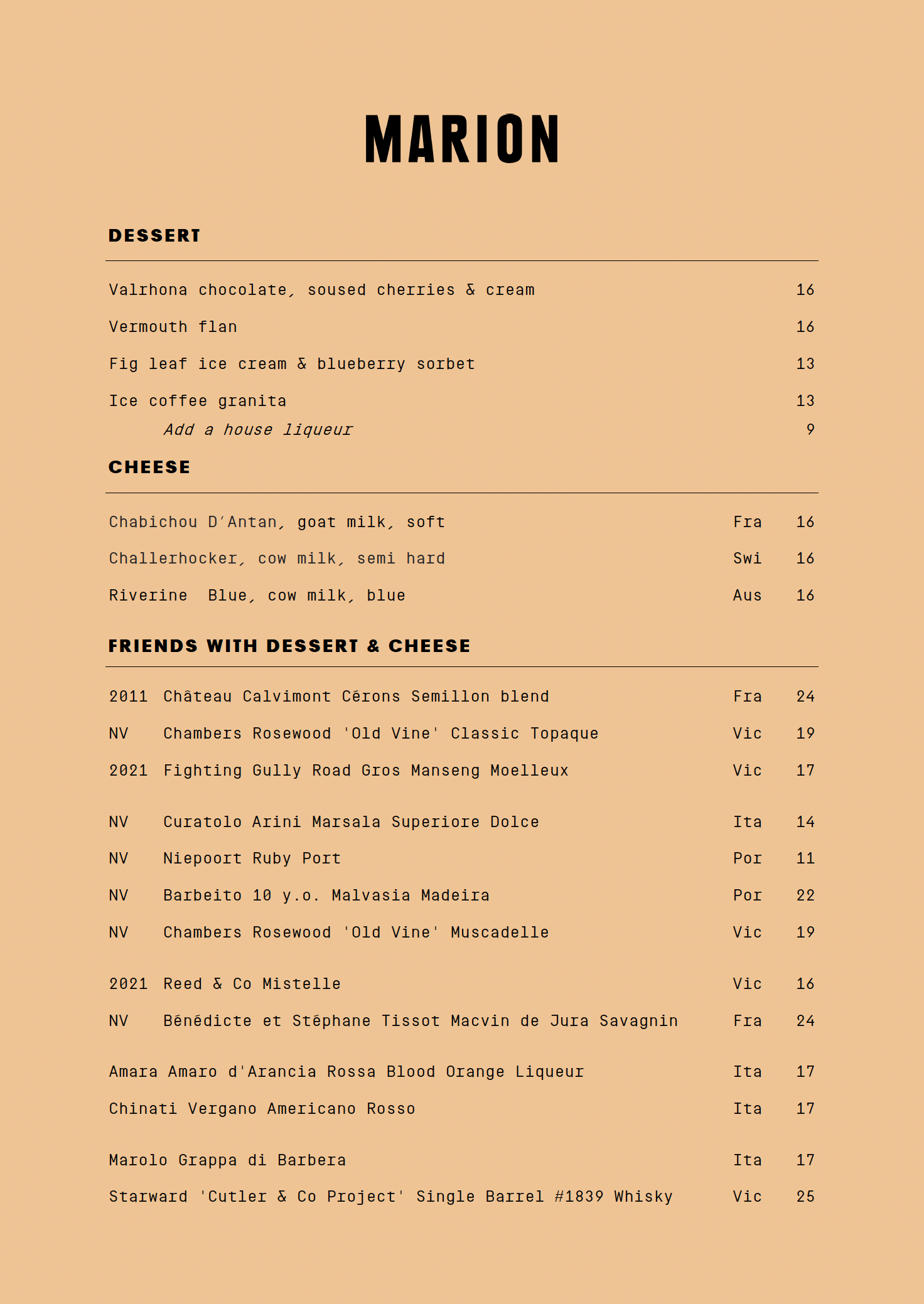 Menu | Marion Wine Bar