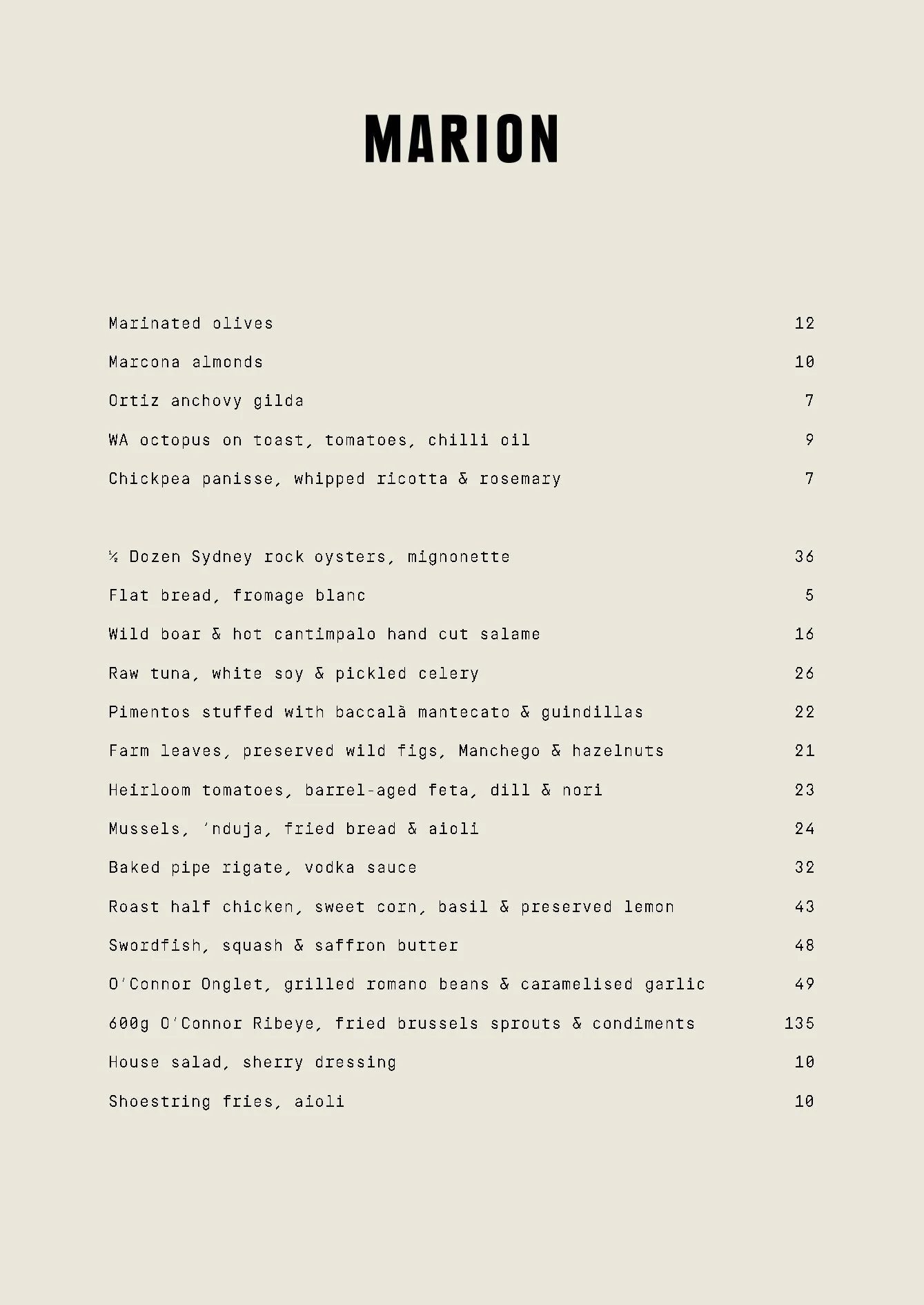 Menu | Marion Wine Bar