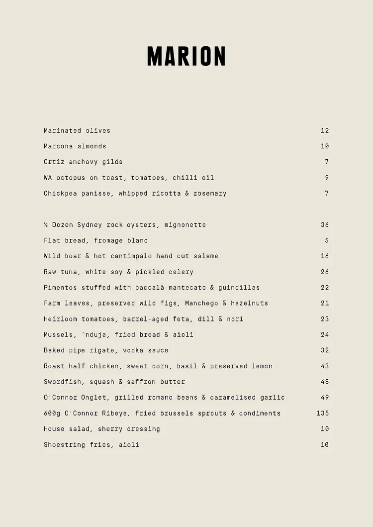 Menu | Marion Wine Bar