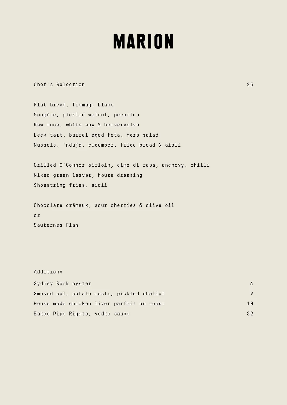 Menu | Marion Wine Bar