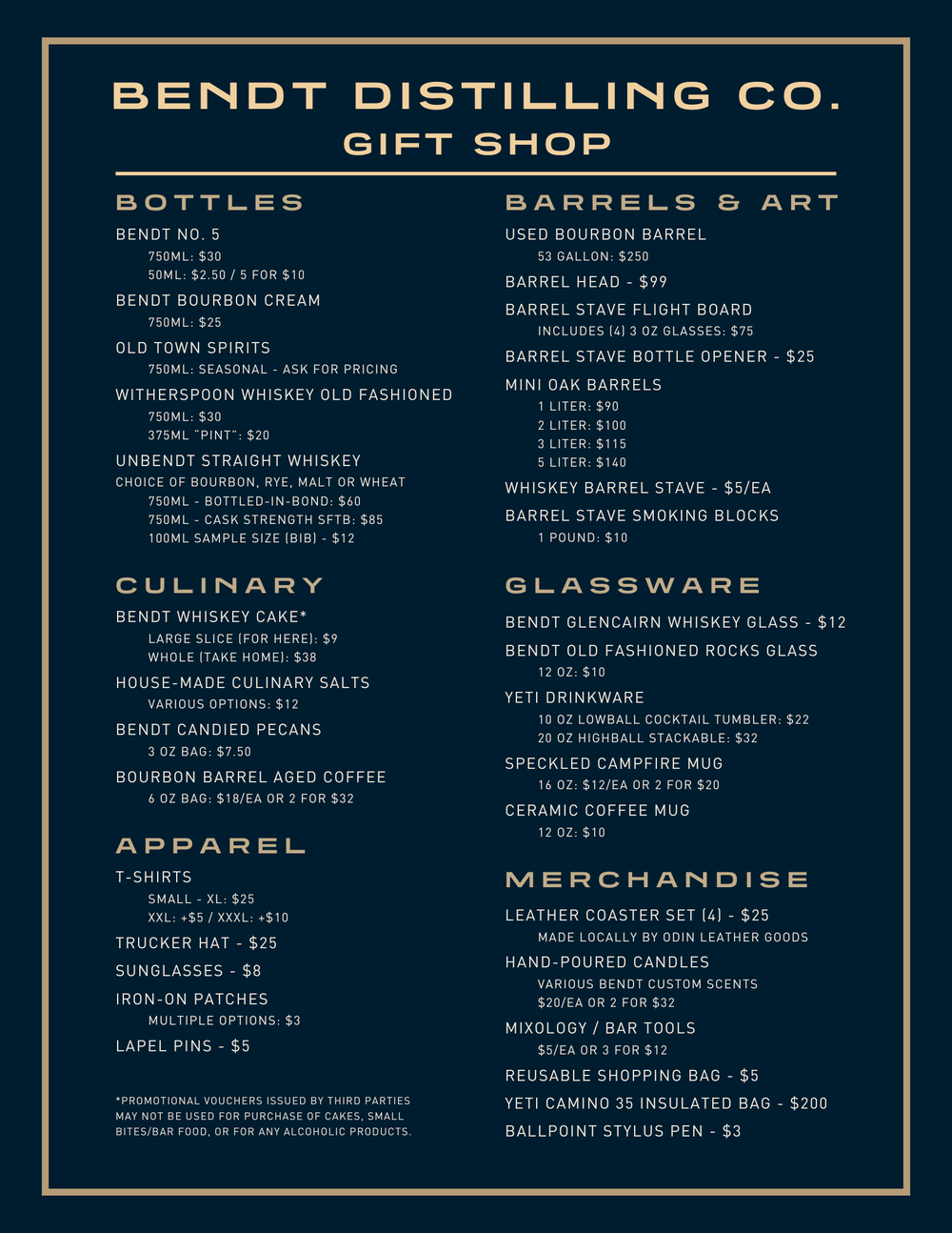 Merchandise Menu — BENDT Distilling Co.
