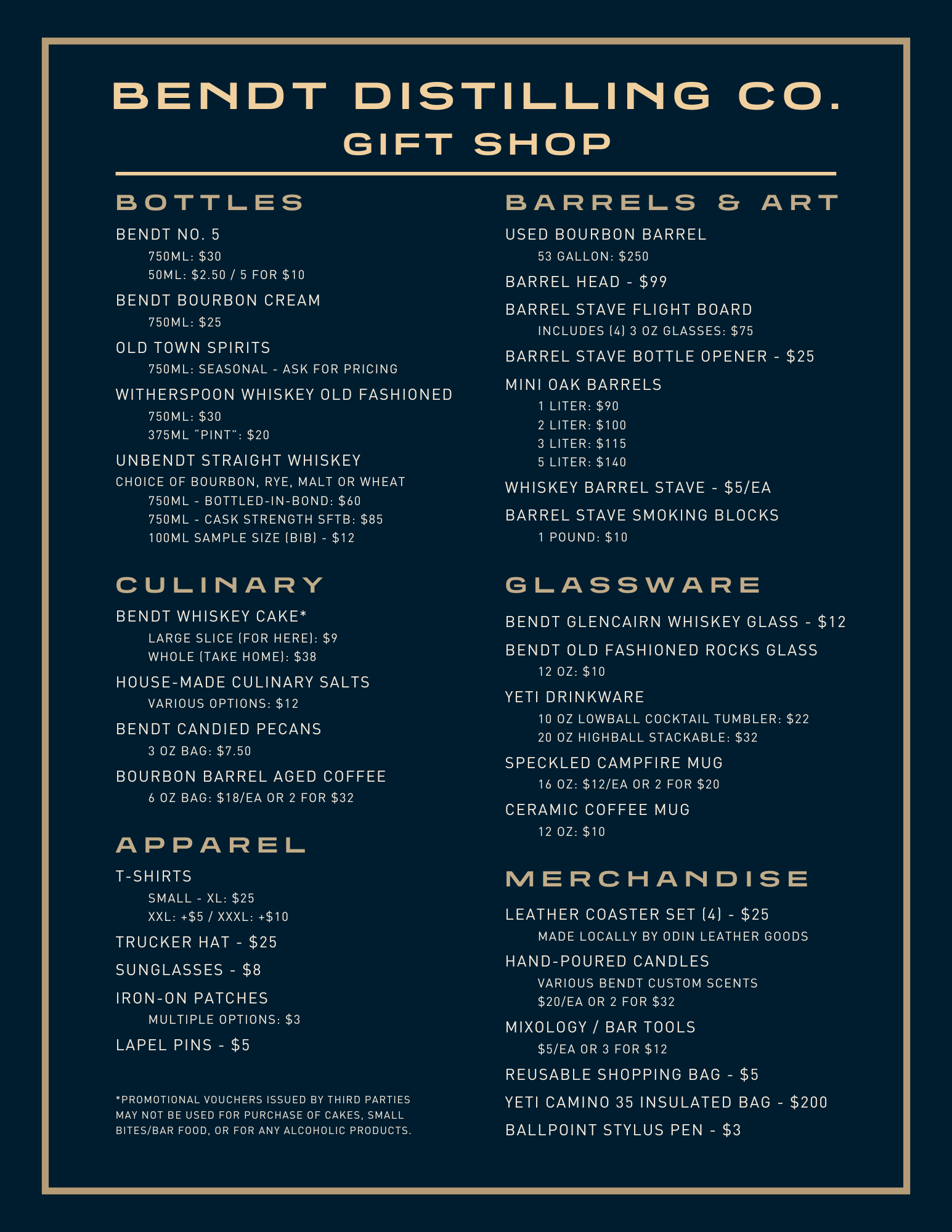 Merchandise Menu — BENDT Distilling Co.