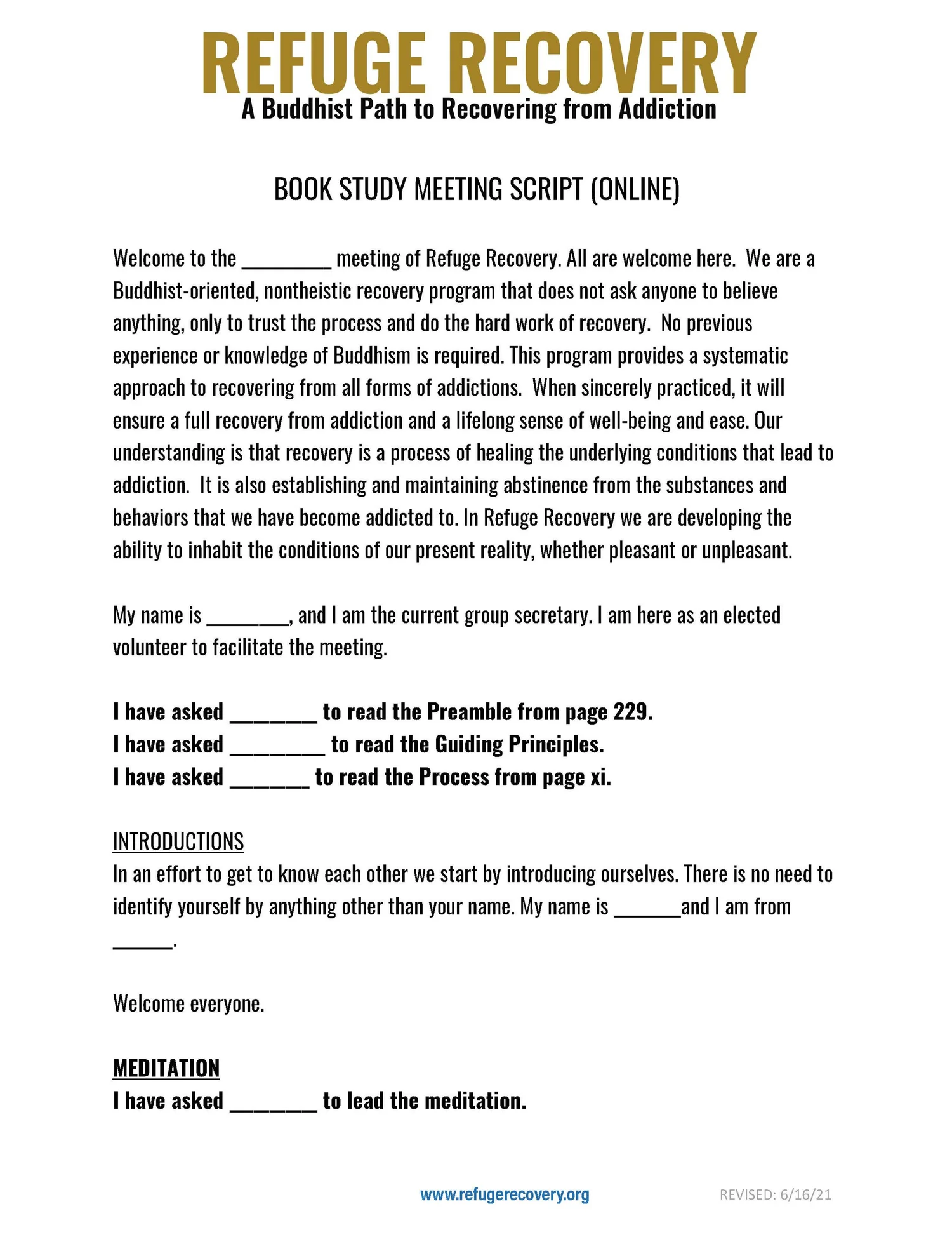 Meeting Scripts — Refuge Recovery World Services