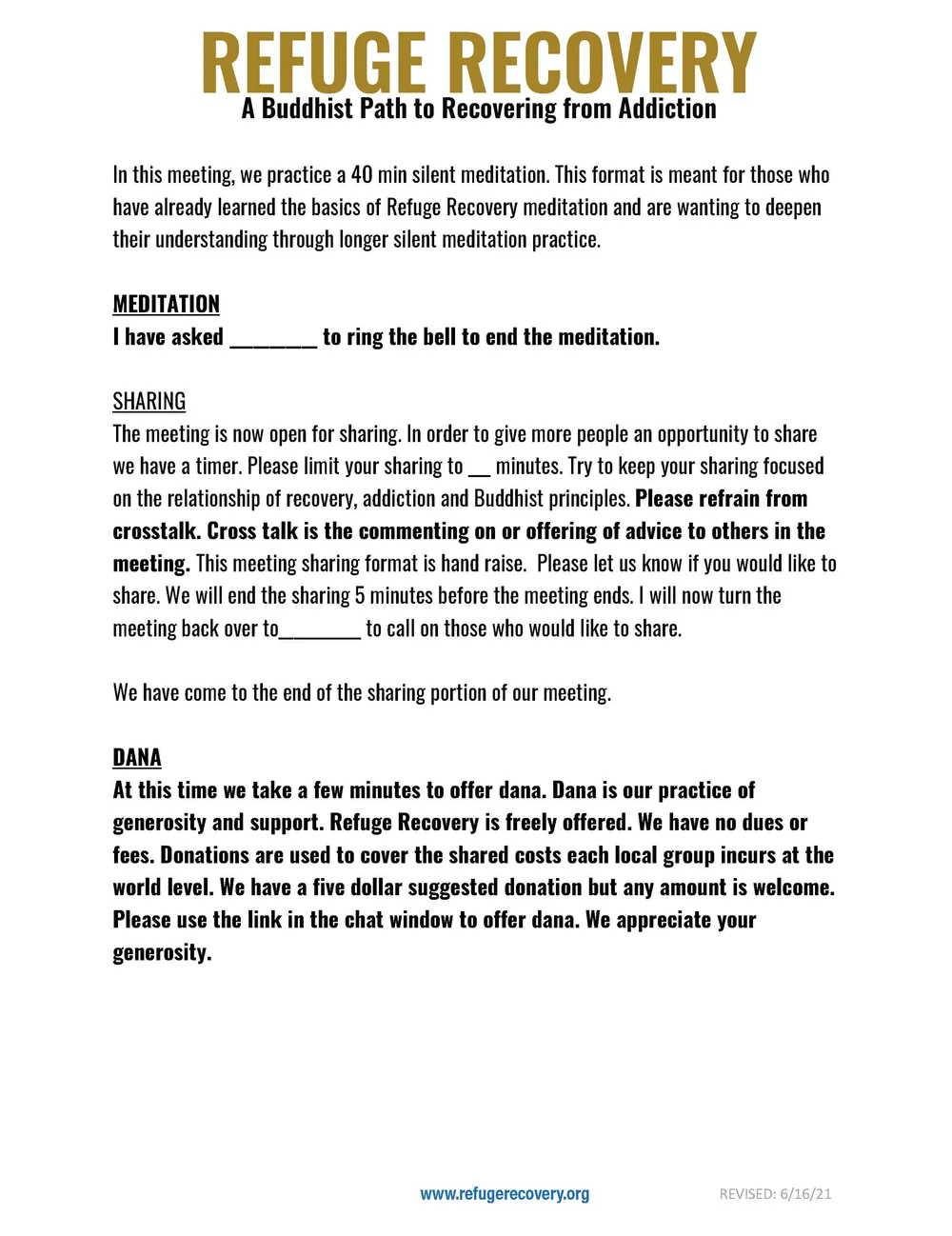 Meeting Scripts — Refuge Recovery World Services