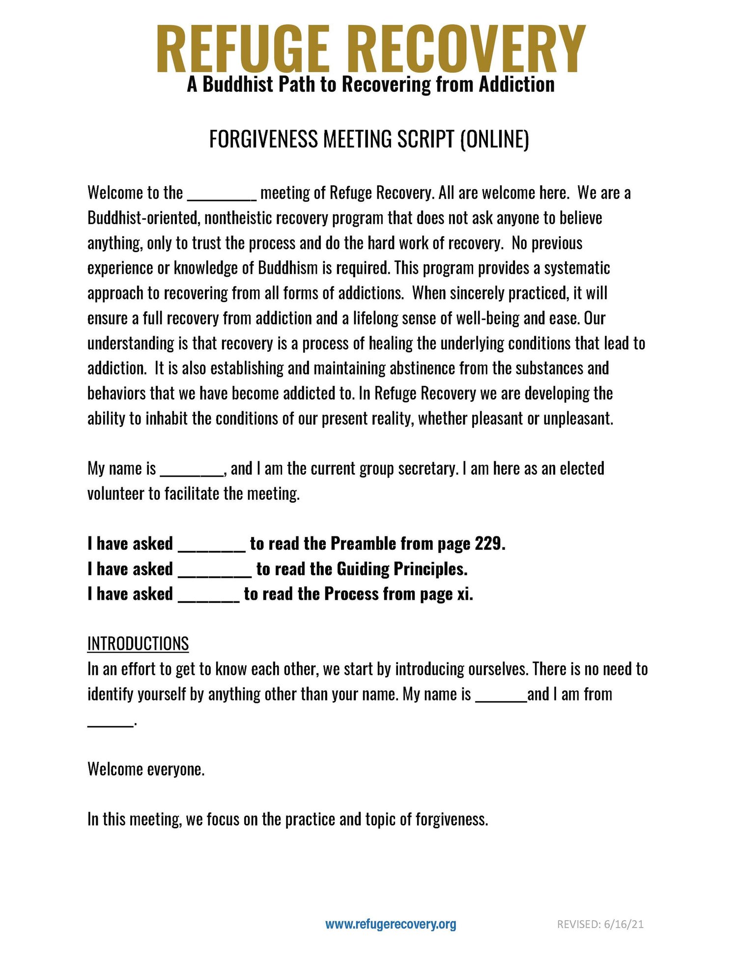 Meeting Scripts — Refuge Recovery World Services