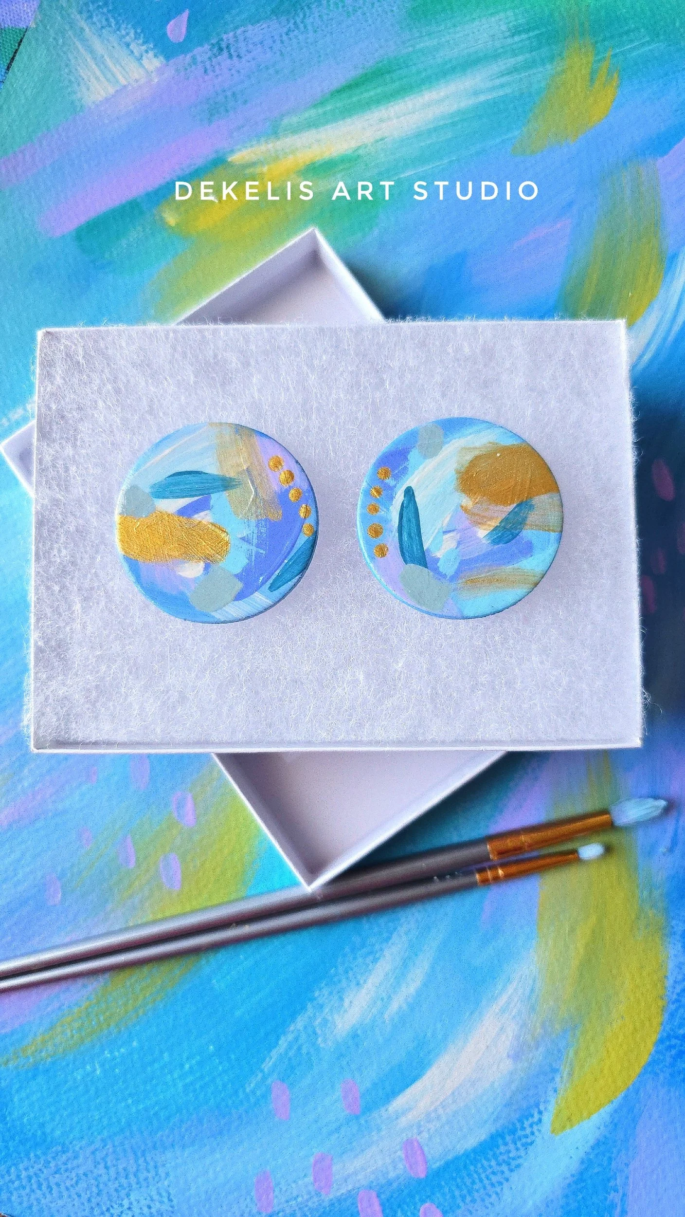 Hand‑Painted Wooden Circle Earrings — Blue, Cream, Teal, Lavender and ...