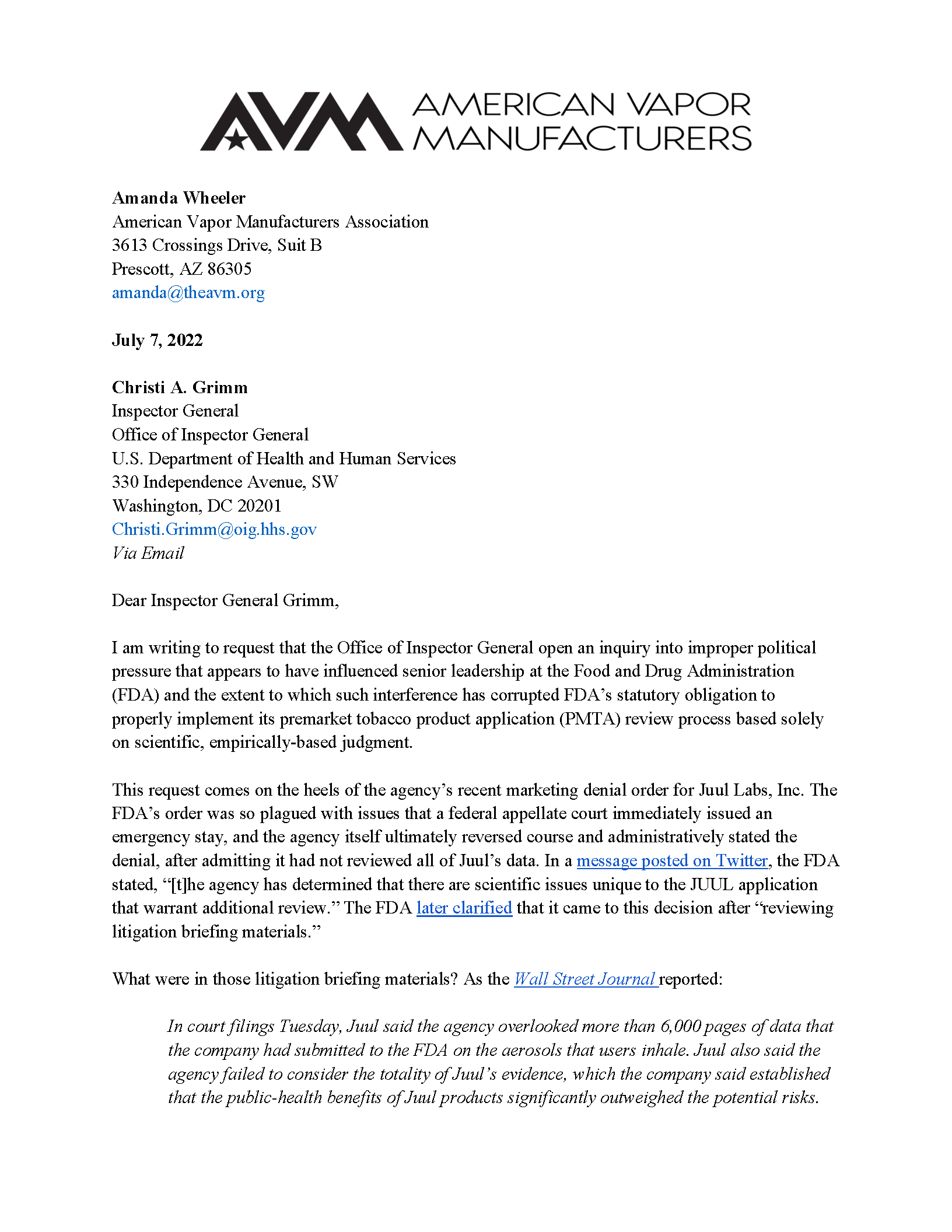 Our Letter to the HHS Office of Inspector General on the FDA’s ...