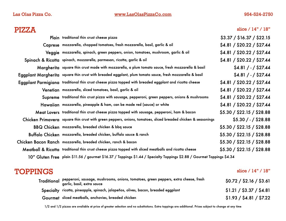 Menu — Las Olas Pizza Co.