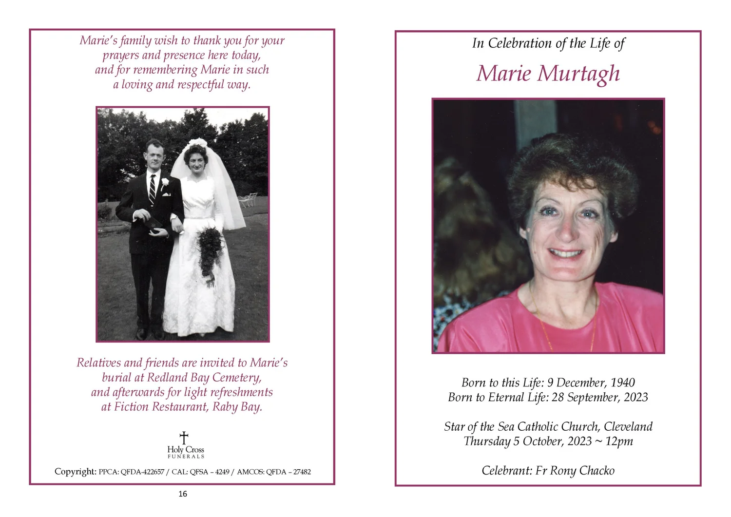 Marie Murtagh — Quality Memorial Services Funeral Wedding Livestream ...