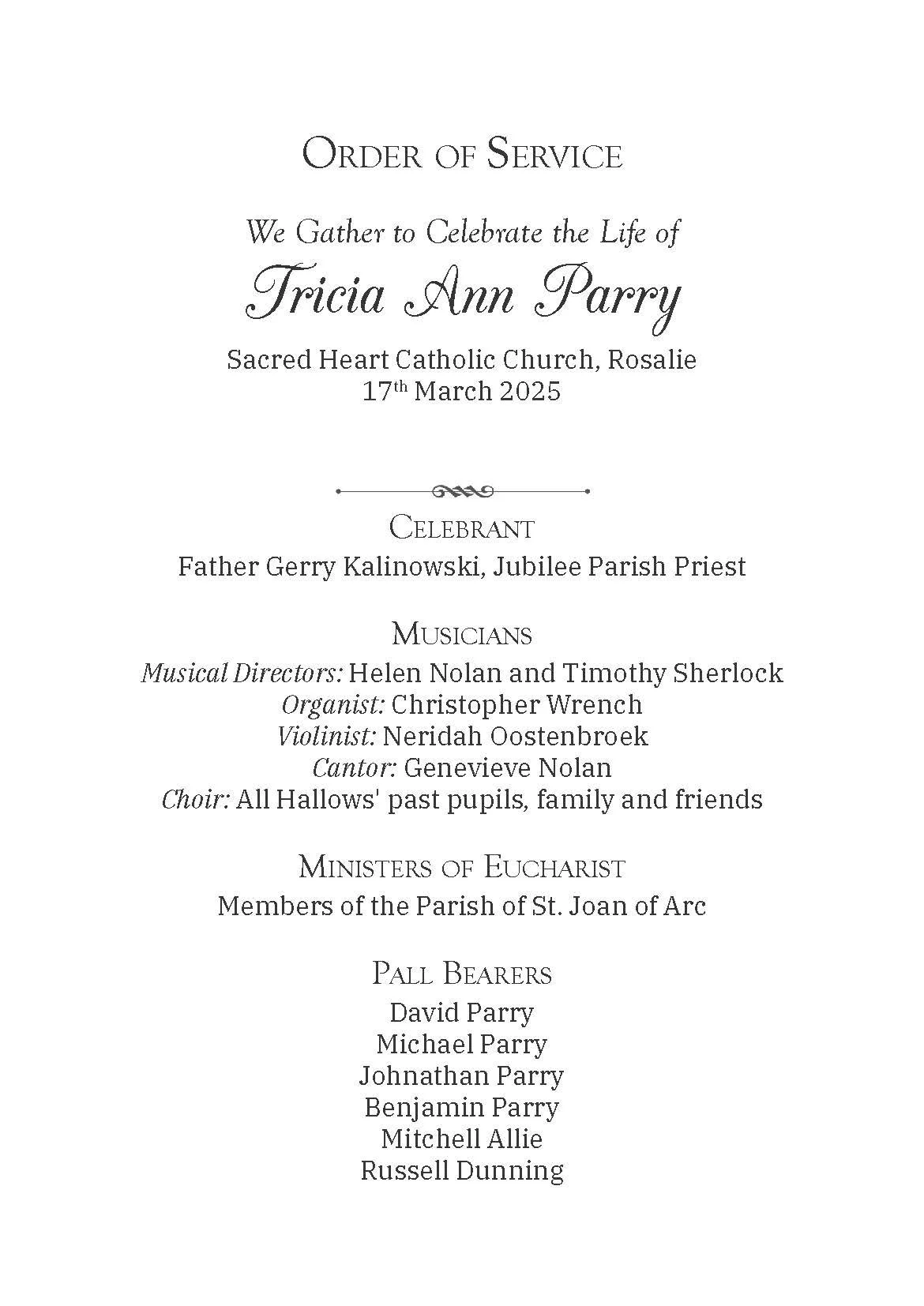 Tricia Parry — Quality Memorial Services Funeral Wedding Livestream ...