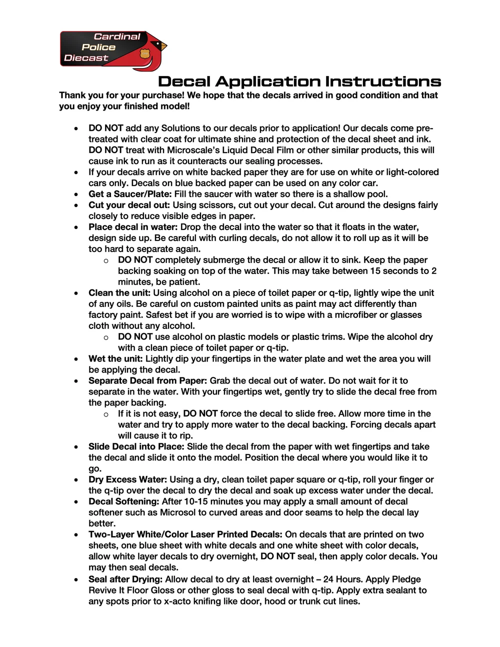 Decal Application Insturctions — Cardinal Police Diecast