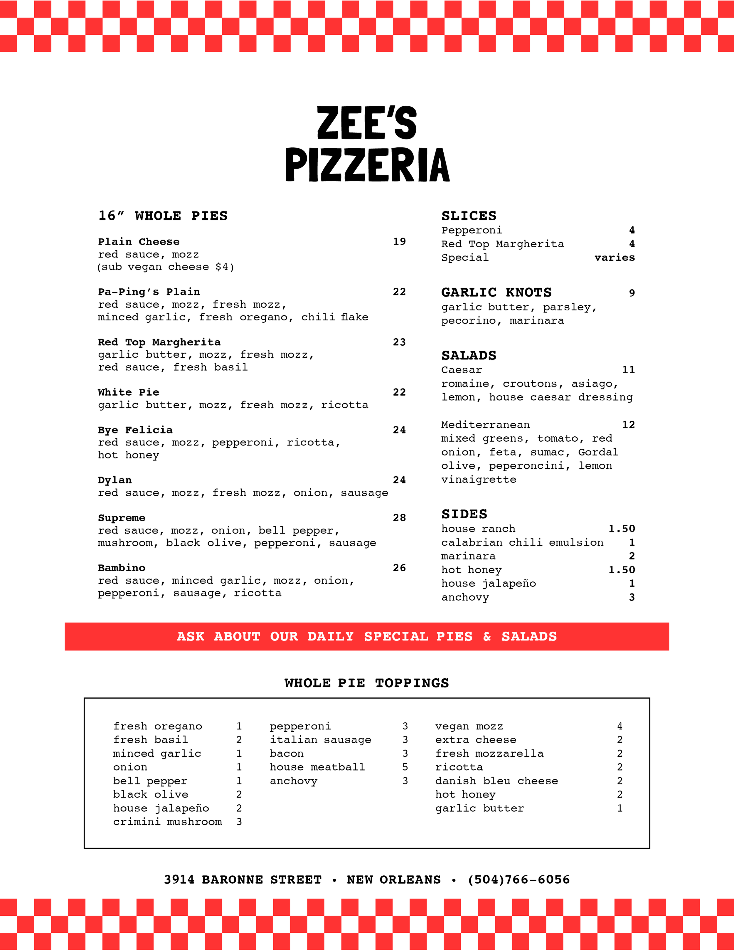 Menu — Zee's Pizzeria