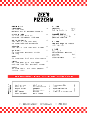 Menu — Zee's Pizzeria