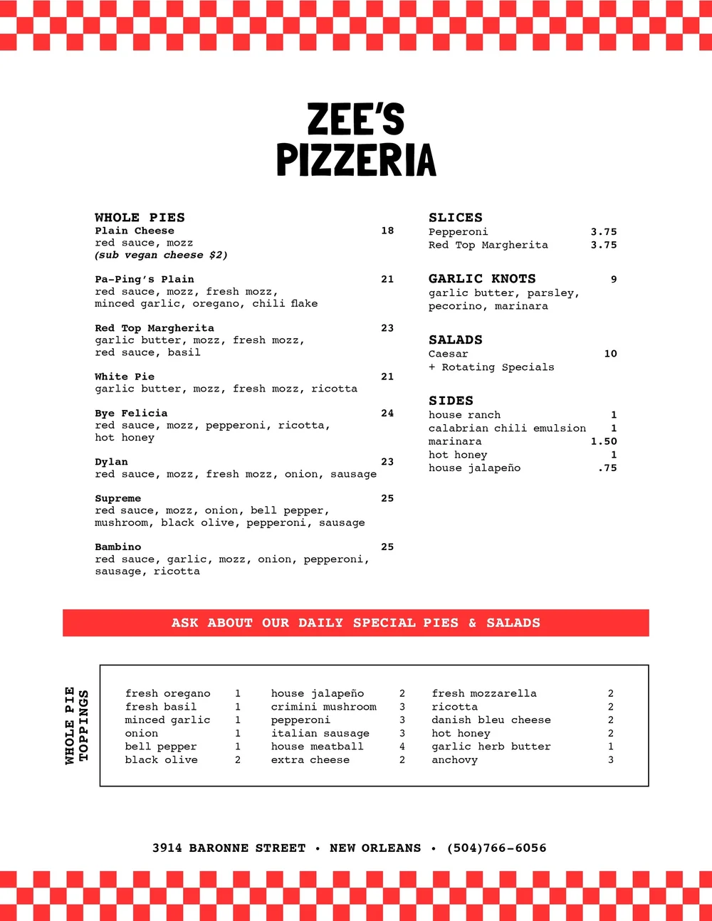 Menu — Zee's Pizzeria