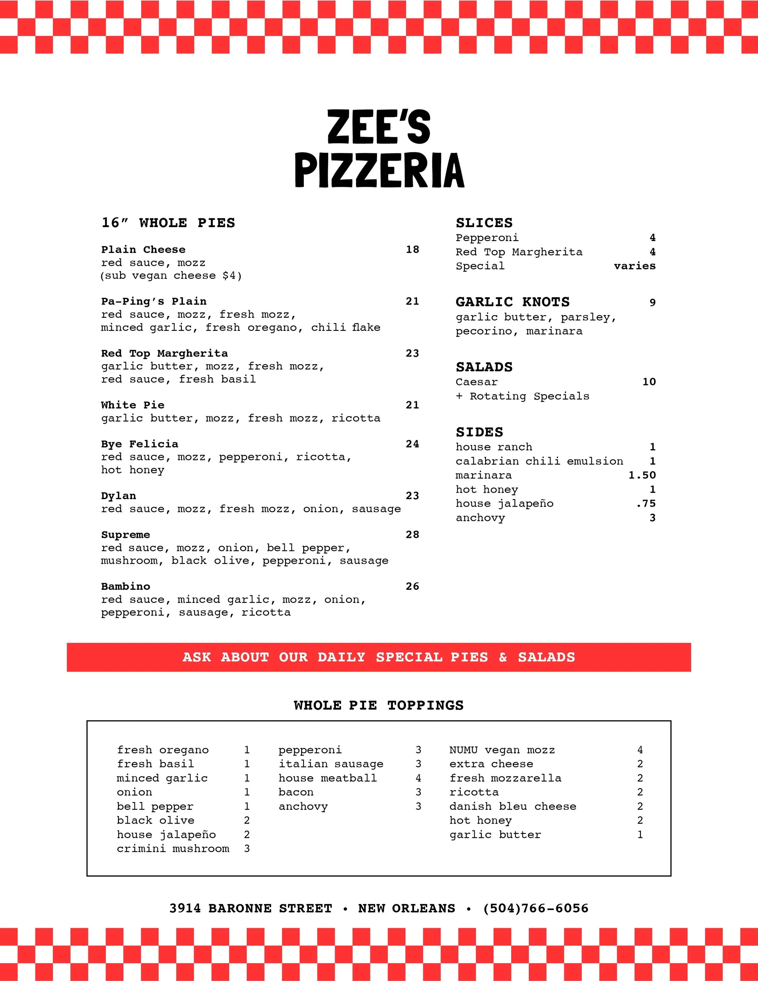 Menu — Zee's Pizzeria