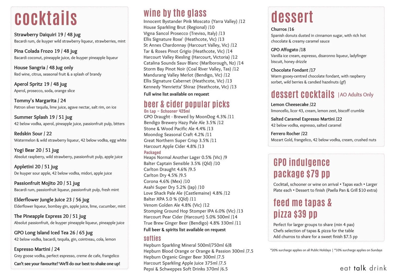 Menu | Discover Delicious Dining — Reserve Now — GPO Restaurant