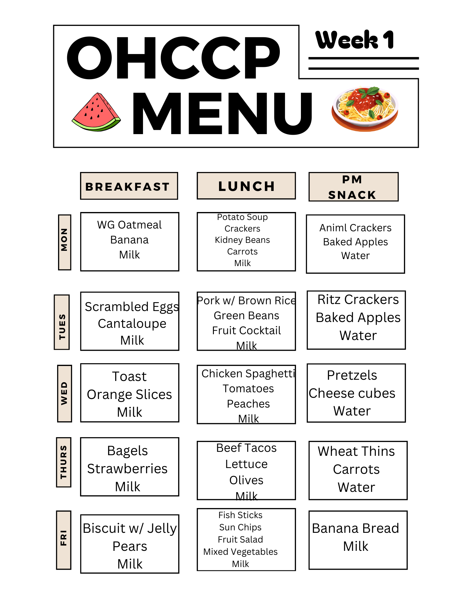 Menu — Overland Hills Christian Childcare & Preschool