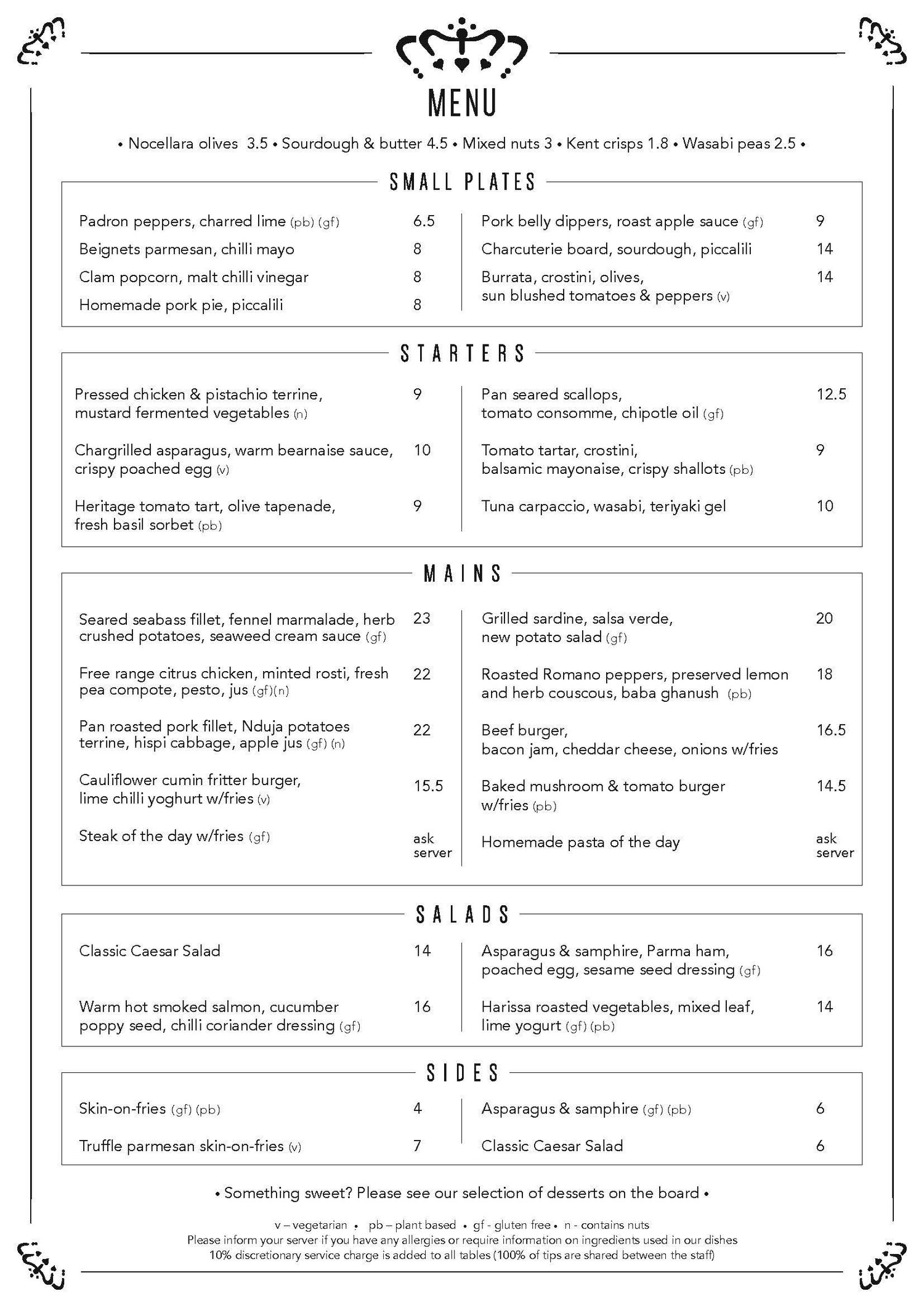 Sample menu — The George and Heart